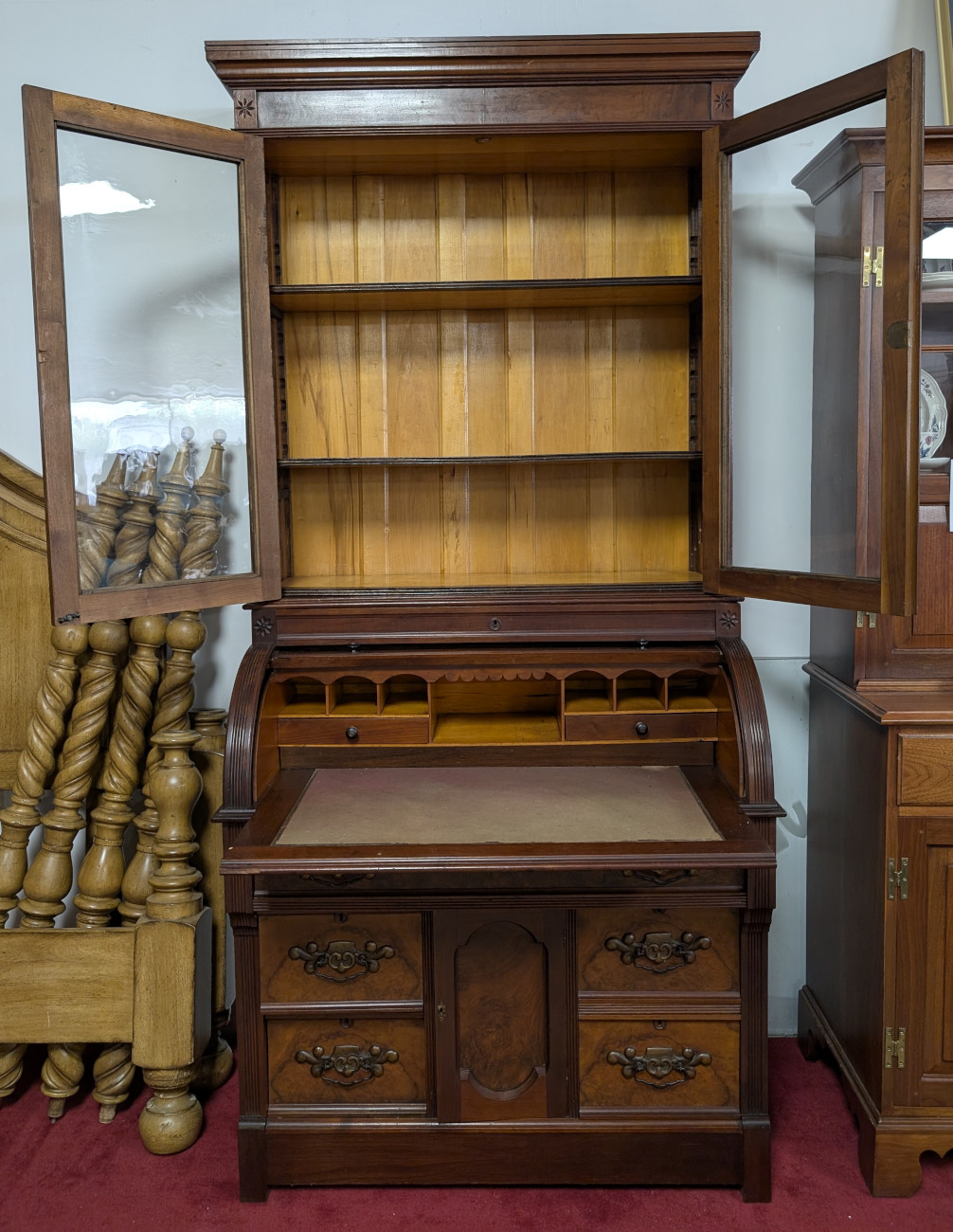 Antique Eastlake Cylinder Bookcase Secretary, Walnut , PA6711 ...